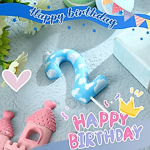 Tondiamo Blue White Number 2 Candle Toy Cloud Birthday Cake Topper Decorations Cute Story Birthday Candle Cake Candle for Boys Girls Baby Shower Party Decor Supplies