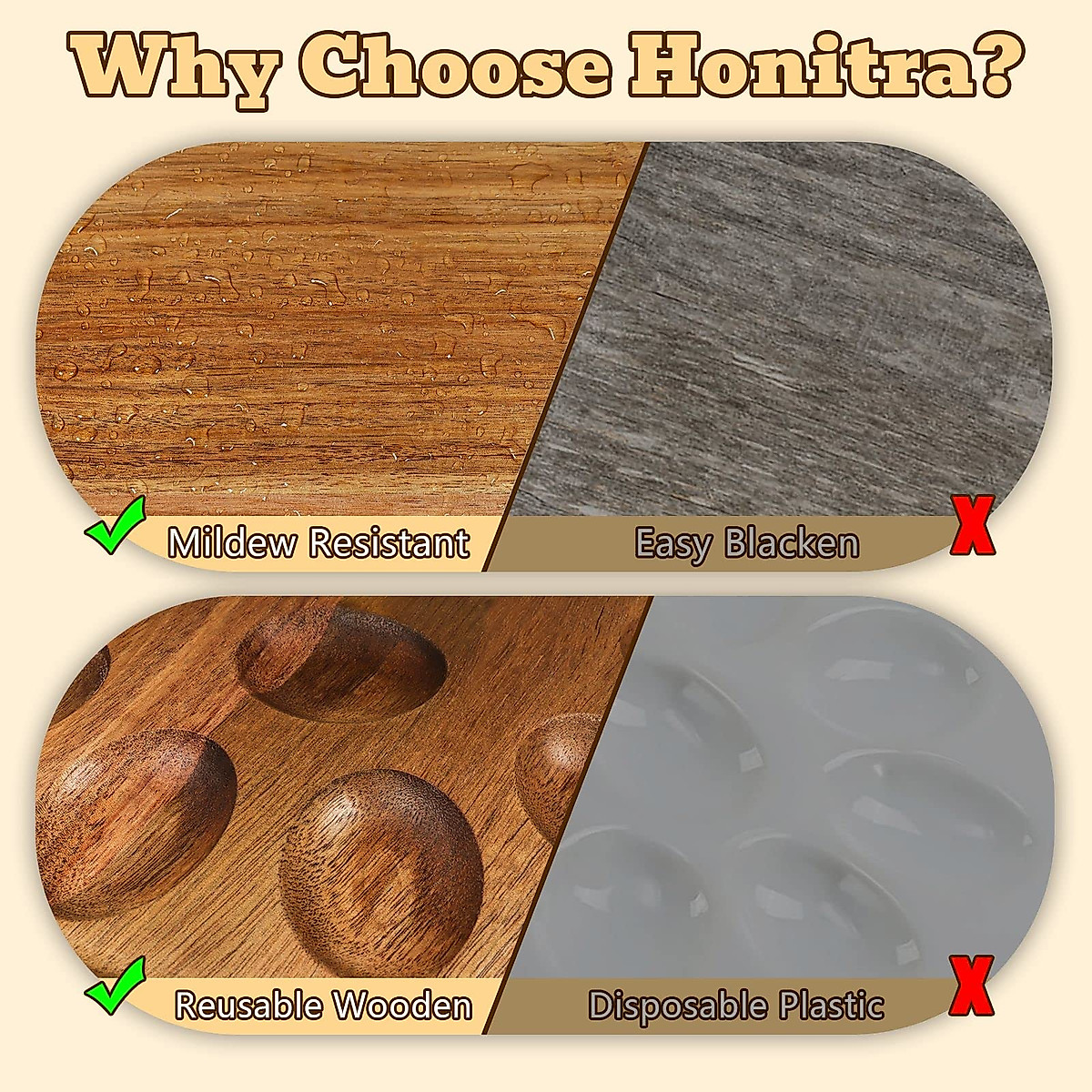 Honitra Double Wooden Deviled Egg Platter, 22 Holes Deviled Egg Plate, Reversible Deviled Egg Tray, Front as Easter & Thanksgiving Deviled Egg Container, Back as Cupcakes Stand & Serving Tray