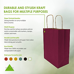 Prime Line Packaging 8x4x10 100 Pack Small Pink Bags with Handles, Kraft Paper Gift Bags, Burgundy Shopping Bags for Small Business Thank You & Goody Bags Bulk