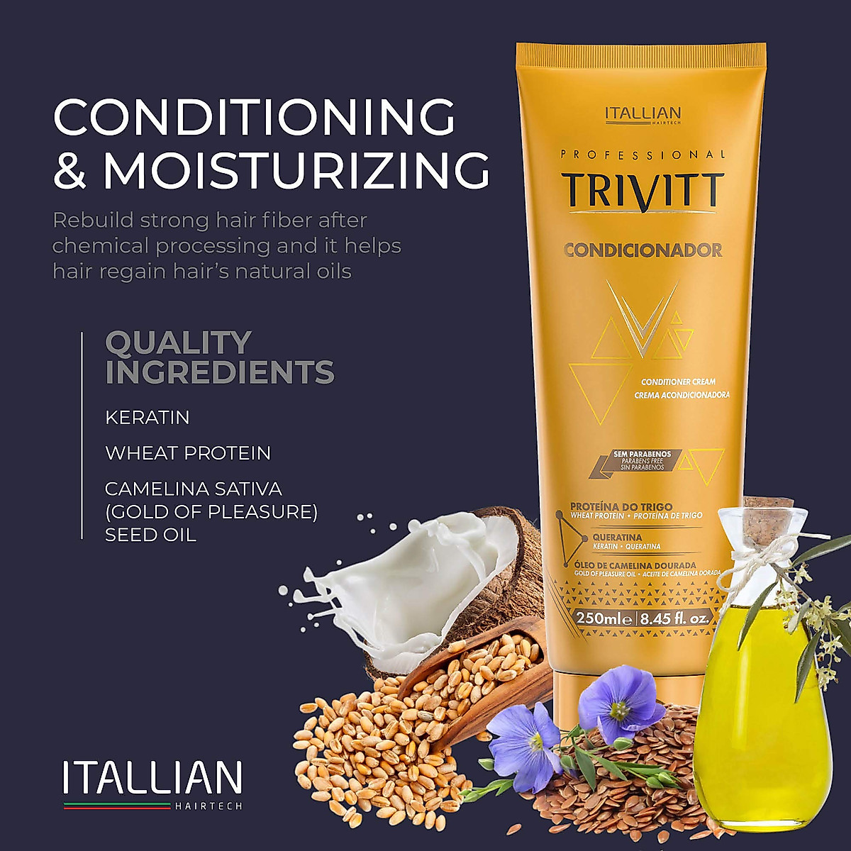 Itallian Hairtech Conditioner Cream for Chemical Treated Hair 8.45 fl oz. - Deep Conditioning and Moisturizing Dry, Damaged and Keratin Brazilian Blowouts With Natural Oils - Professional Trivitt
