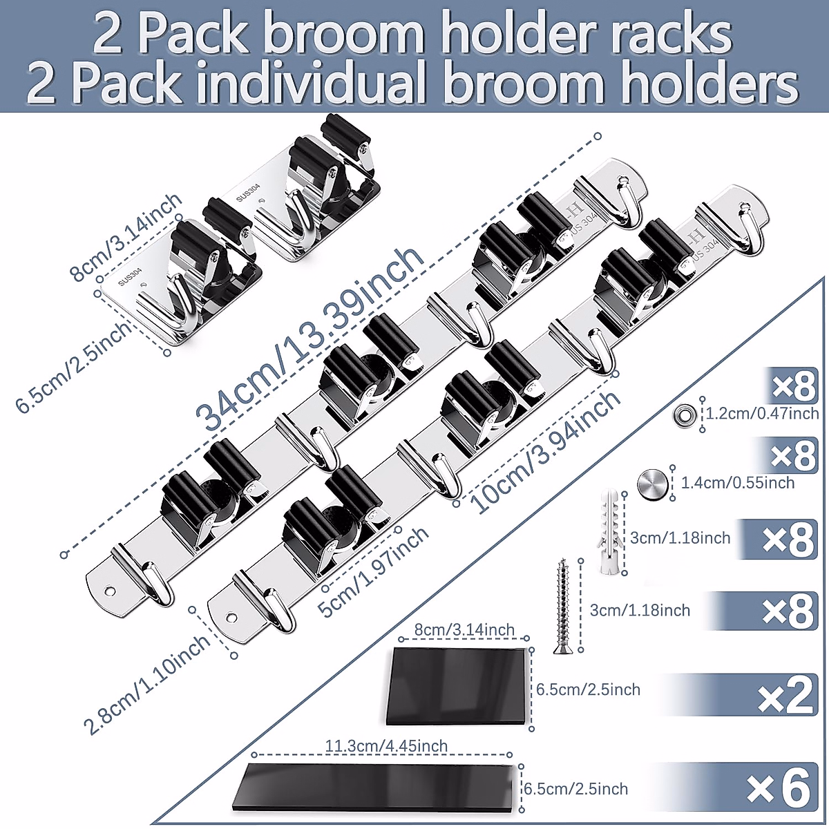 3-H 2 Pack Broom Hanger Wall Mount,Broom Holder Stainless Steel,Broom Holder Wall Mount Self Adhesive,Broom Organizer Storage Tool Racks for Home Kitchen Garden Laundry Garage(Silver)