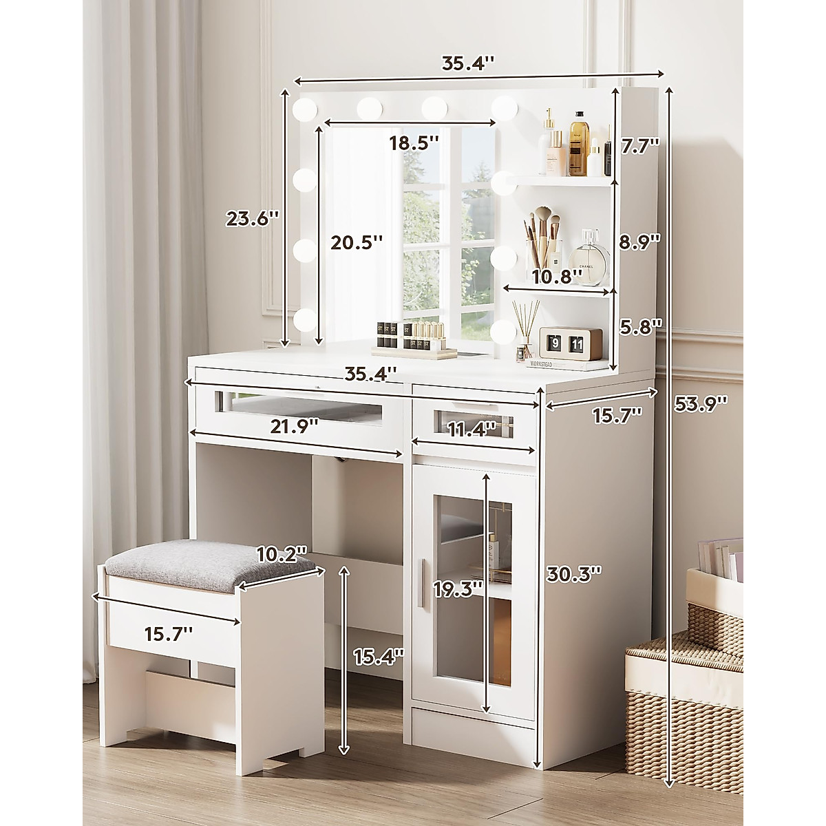 SECRET NATURAL Vanity Mirror with Lights Desk & Stool, Makeup Table Set with Drawers, Vanity Table for Bedroom with Storage Shelves & Acrylic Cabinet, 3 Lighting Modes Adjustable Brightness, White