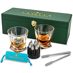 Whiskey Stones Gift set for Men, Bourbon Glasses Set of 2 With 6 Whiskey Bullets in Luxury Box. Unique Gifts for Dad Boyfriend Brother Husband for Birthday Anniversary