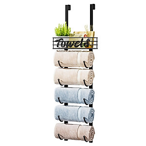 HapiRm 6-Tier Over The Door Towel Racks for Bathroom - Wall Mount Towel Holder with Metal Shelf Basket - Rolled Towel Storage Door Hanging Bath Towel Organizer for Small Bathroom, Camper, Rv - Black