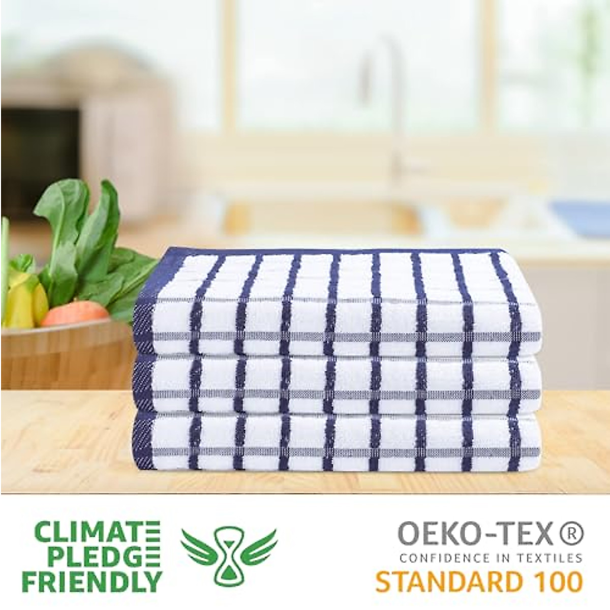 Urban Villa Kitchen Towels Blue/White Set of 3 Terry Kitchen Towels 100% Cotton Ultra Soft Size 20X30 Inches Highly Absorbent Over Sized KitchenTowels with Hanging Loop KitchenTowels