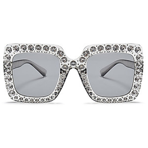 Armear Trendy Rhinestone Square Sunglasses Women Oversized Crystal Frame Gradient Lens Eyeglasses Silver 67mm