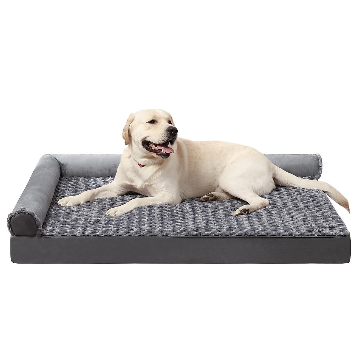 MIHIKK Orthopedic Dog Couch Bed Deluxe Plush L-Shaped with Waterproof Lining Bolster Dog Sleeping Sofa with Removable Washable Cover & Nonskid Bottom Pet Bed for Medium Large Jumbo Dogs, Gray