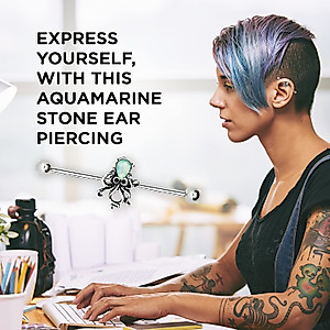 Octopus Industrial Barbell Bar Ear Piercing - 316L Surgical Grade Stainless Steel with Aqua Stone - Barbell Ear Piercing Octopus Pendant for Women and Men Unisex