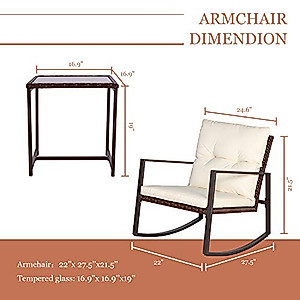 SUNCROWN 3-Piece Outdoor Rocking Bistro Set Brown Wicker Patio Furniture Conversation Sets with Glass Coffee Table (Beige Cushion)