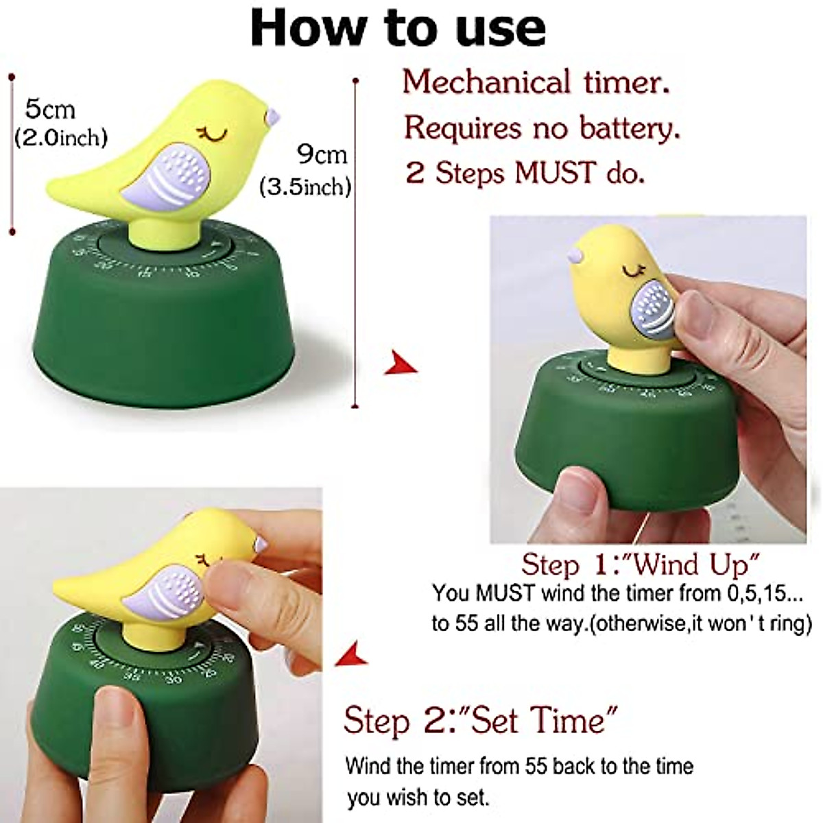NUOSWEK Cute Bird Timer for Kids, Mechanical Kitchen Timer, Wind Up 60 Minutes Manual Countdown Timer for Classroom, Home, Study and Cooking (Yellow Bird)