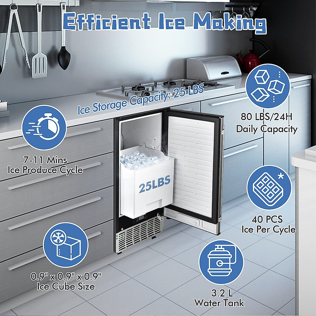 COSTWAY Commercial Ice Maker, 80LBS/24H Freestanding and Under Counter 115V Industrial Ice Machine with Self-Cleaning Function, 24H Timer, LCD Display, Drain Pump, Reversible Door, 25 LBS Ice Bin