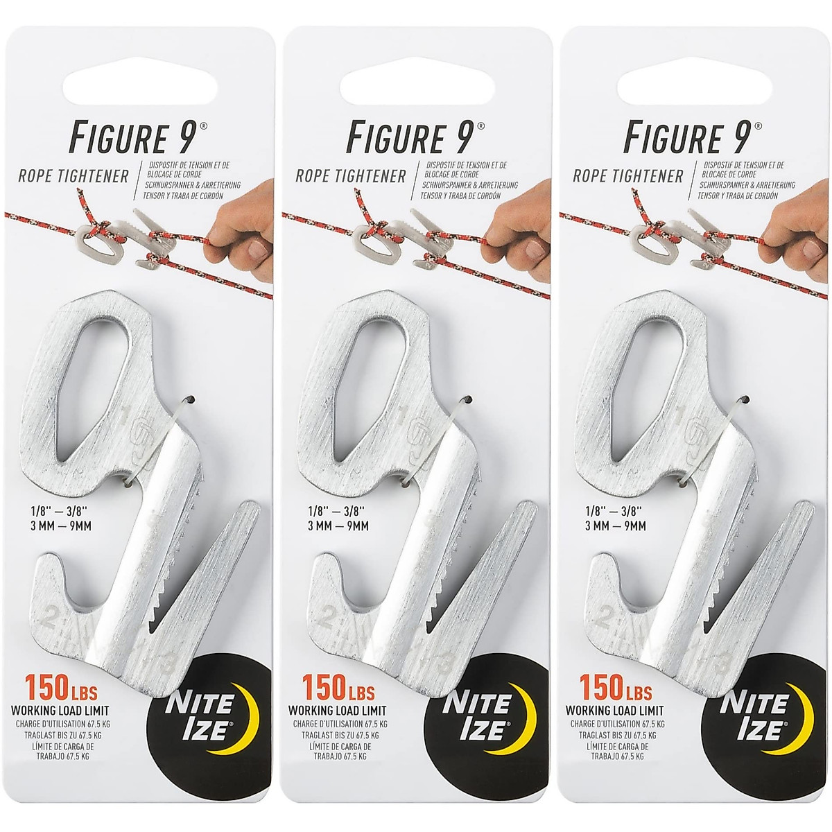 Nite Ize Figure 9 Rope Tightener, Large - Aluminum (3-Pack)