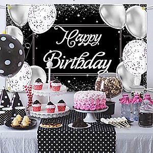 Happy Birthday Backdrop Banner Black and Silver Photography Background Happy Birthday Banner Large Birthday Party Sign Poster Photography Backdrop Party Decoration Supplies for Men and Women