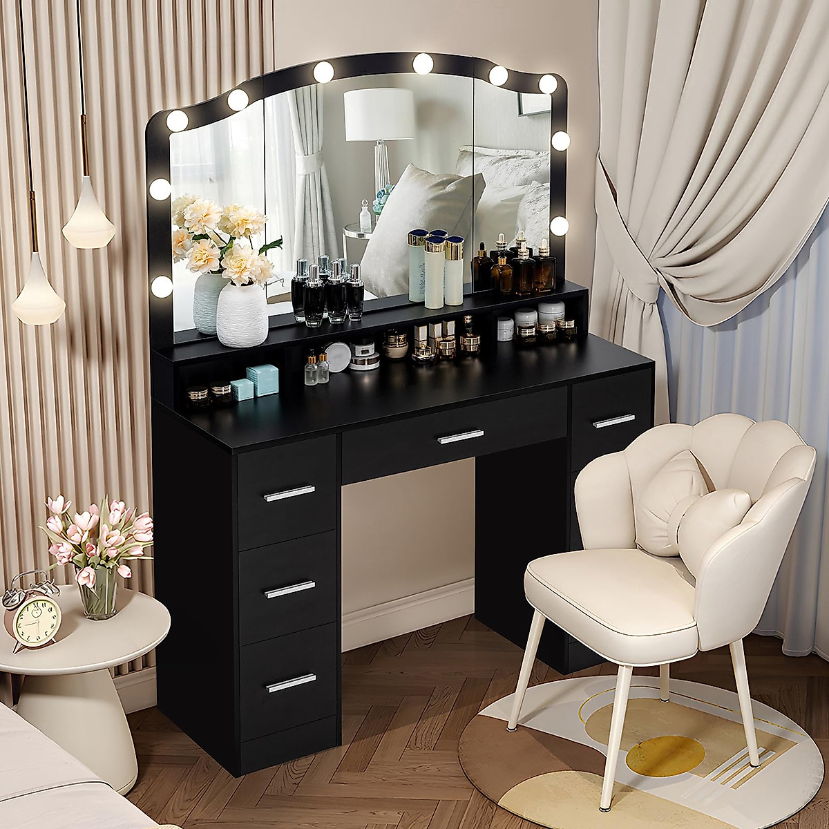 usikey 43.3" Vanity Desk with Large Lighted Mirror, Makeup Vanity Table with 7 Drawers & 10 Lights Bulbs, 3 Lighting Colors, Make Vanity Desk, Vanity Table for Women Girls, Black