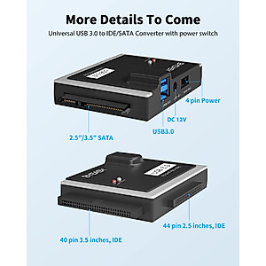 BYEASY SATA/IDE USB 3.0 Adapter, Hard Drive Reader with USB A and USB C for Universal 2.5"/3.5" Inch External HDD/SSD with 12V 2A Adapter, Support 12TB for Windows and Mac OS