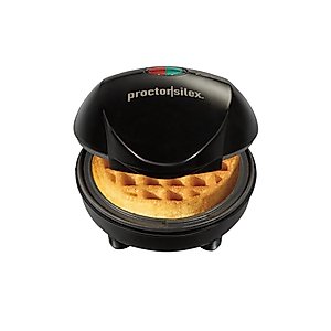 Proctor Silex Mini Waffle Maker Machine with 4” Round Non-stick Grids, Make Personalized Individual Breakfast Keto Chaffles and Hashbrowns, Compact, Black (26100)