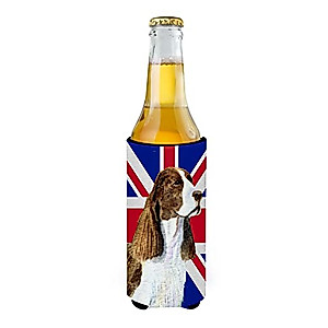 Caroline's Treasures SS4955MUK Springer Spaniel with English Union Jack British Flag Ultra Hugger for slim cans Can Cooler Sleeve Hugger Machine Washable Drink Sleeve Hugger Collapsible Insulator Beve