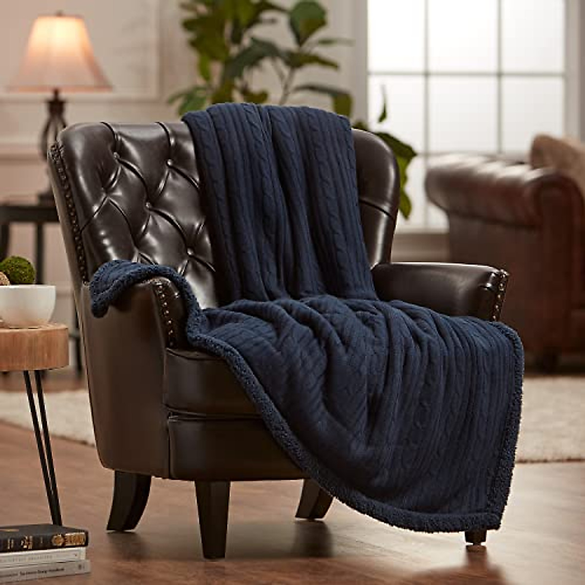 Chanasya Navy Blue Soft Cable Knit Throw Blanket - Fluffy Sherpa Plush Thick Warm Lightweight Cozy Modern Dark Blue Knitted Blankets - for Sofa Couch Living Room and Bed Room (50x65 Inches) - Blue