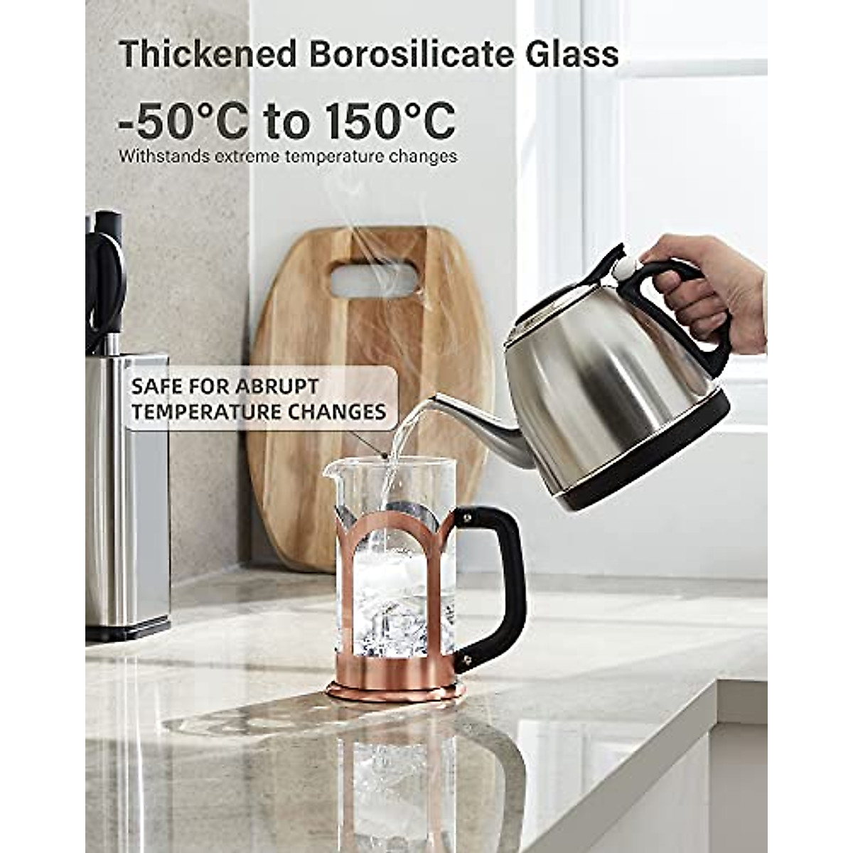 Veken French Press Coffee & Tea Maker, 304 Stainless Steel Heat Resistant Borosilicate Glass Coffee Press, Durable Easy Clean 100% BPA Free, 21oz, Copper