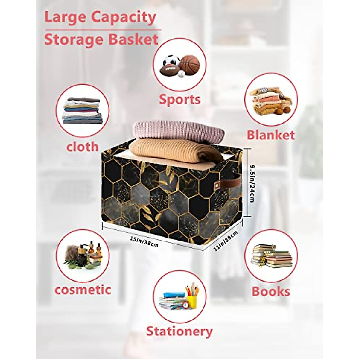 Marble Cube Storage Organizer Bins with Handles,15x11x9.5 Inch Collapsible Canvas Cloth Fabric Storage Basket,Black Gold Grey Grid Irregular Comb Plaid Geometric Books Kids' Toys Bin Boxes for Shelves