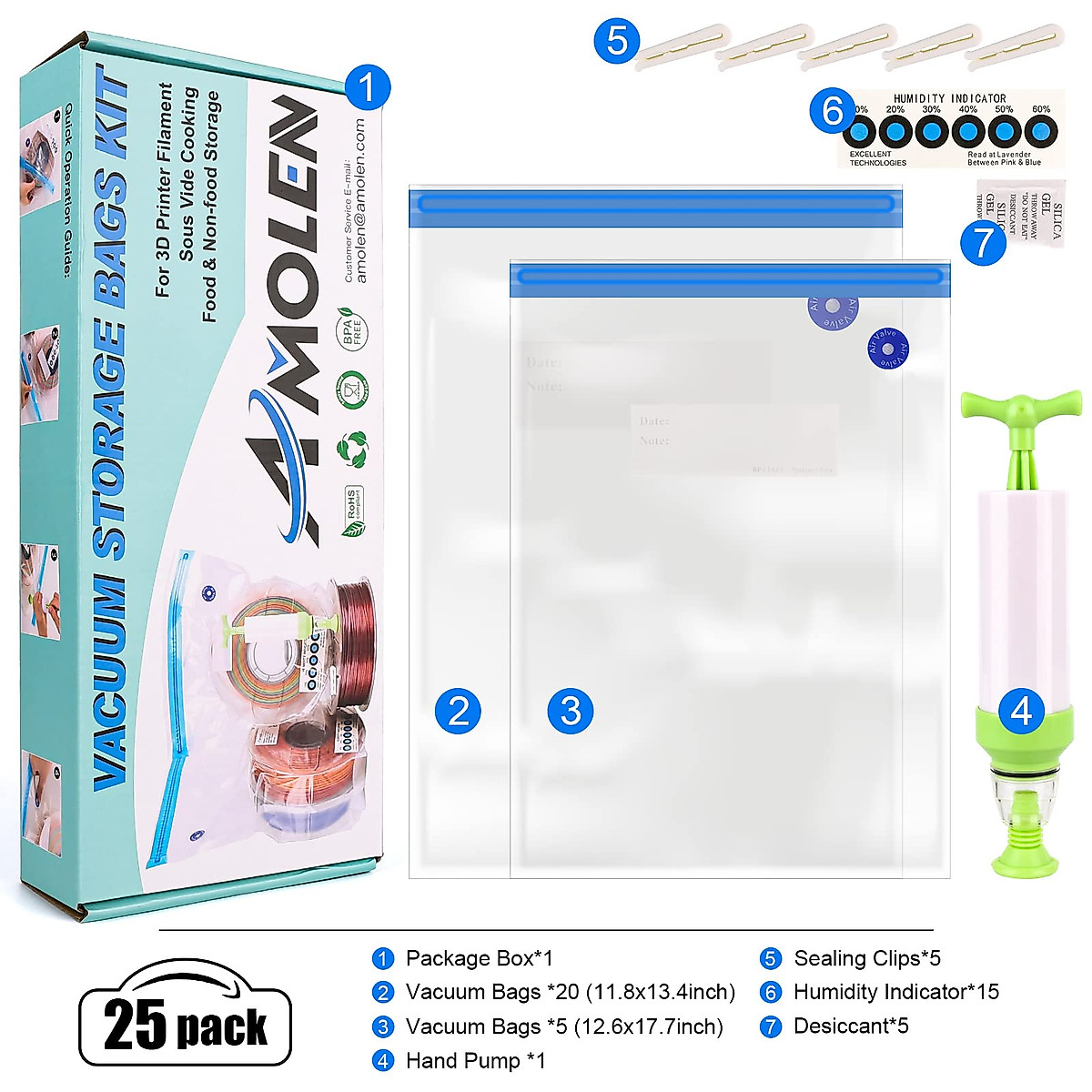 AMOLEN Filament Storage Bag Vacuum Kit with Two Sizes - 51 PCS Cleaning Drying Sealed 25 Bags for 3D Printer Filament with Desiccants/Humidity Indicator Cards/Clips/Hand Pump