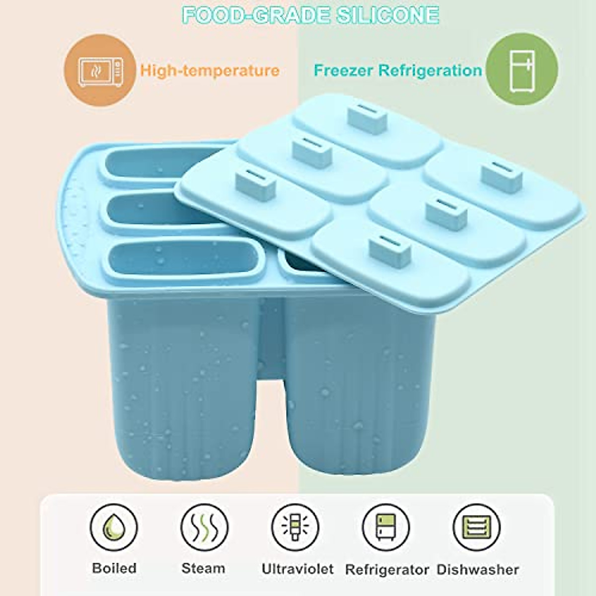 Bangp Popsicle Molds 6 Pieces,Silicone Ice Pop Molds BPA Free,Homemade Popsicle Maker,Reusable Easy Release Ice Pop Maker for Kids,with 50 Popsicle Sticks and 50 Popsicle Bags(Blue)