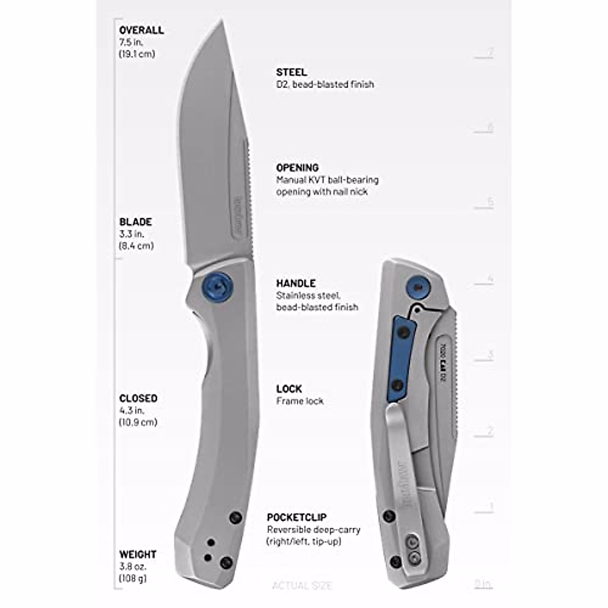 Kershaw Highball XL Clip Point Pocket Knife, 3.3-in. Blade, Manual KVT Ball Bearings Opening, Frame Lock (7020),Gray