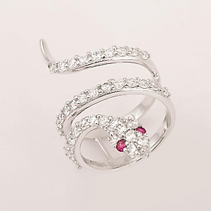 MOONEYE 925 Sterling Silver Snake Ring for Women Vintage Wrap Rings with Natural Ruby & White Topaz Engagement Ring Cobra Snake Rings (Sterling Silver, 7)