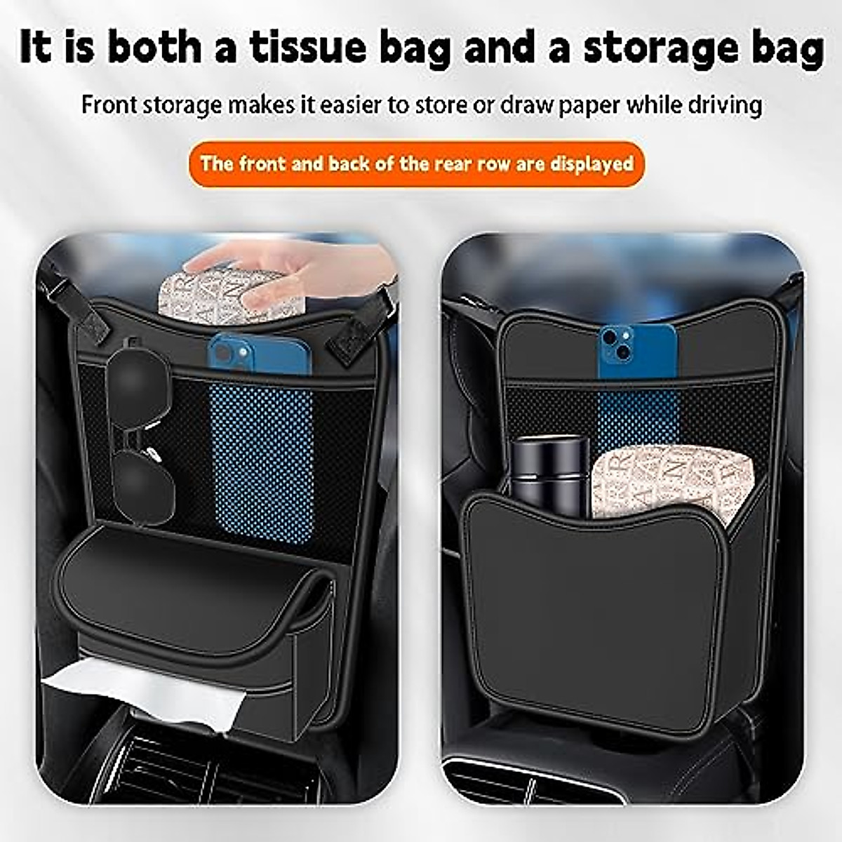 BESULEN Car Handbag Holder Between Seats, Dog Pet Kid Barrier Road Trip Essentials, Large Capacity Net Pocket Purse Holder Storage Bag, Hanging Multi-Pocket Automotive Consoles Organizer