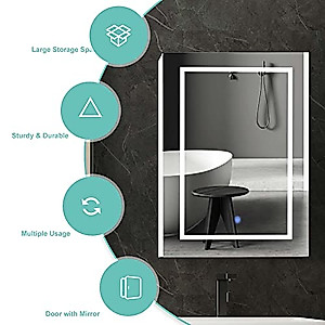 Waktavel Medicine Cabinets with Adjustable Storage Shelf, LED Illuminated Bathroom Mirror Cabinet, Wall Mounted Storage Cabinet with Doors for Bathroom, Bedroom, Vanity, White