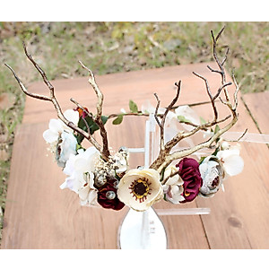 Vivivalue Deer Flower Crown Boho Flower Headband Hair Wreath Floral Headpiece Halo with Ribbon Wedding Party Festival Photos