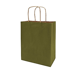 Green Gift Bags – 8x4x10 100 Pack Small Olive Kraft Shopping Bags with Handles, Customizable Craft Paper Euro Tote Bags for Boutique, Retail, Wedding Guests, Holiday, Birthday, Small Business, Bulk