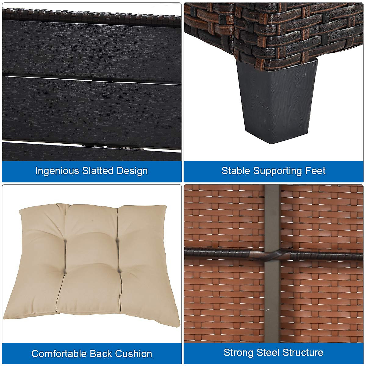 Tangkula Patio Furniture Set, 3 Pieces Outdoor Conversation Set with 6 Cushioned Seat & Coffee Table, Rattan Couch Set for Balcony, Garden, Lawn, Poolside and Backyard (Brown)