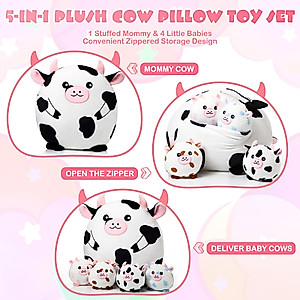 HyDren Cow Plush Pillow Set Mommy Cow Stuffed Animal with 4 Cute Small Spotted Babies Cow Stuffed Animal Plushies Toy Gifts for Boys Toddlers Kids Birthday Party Decor