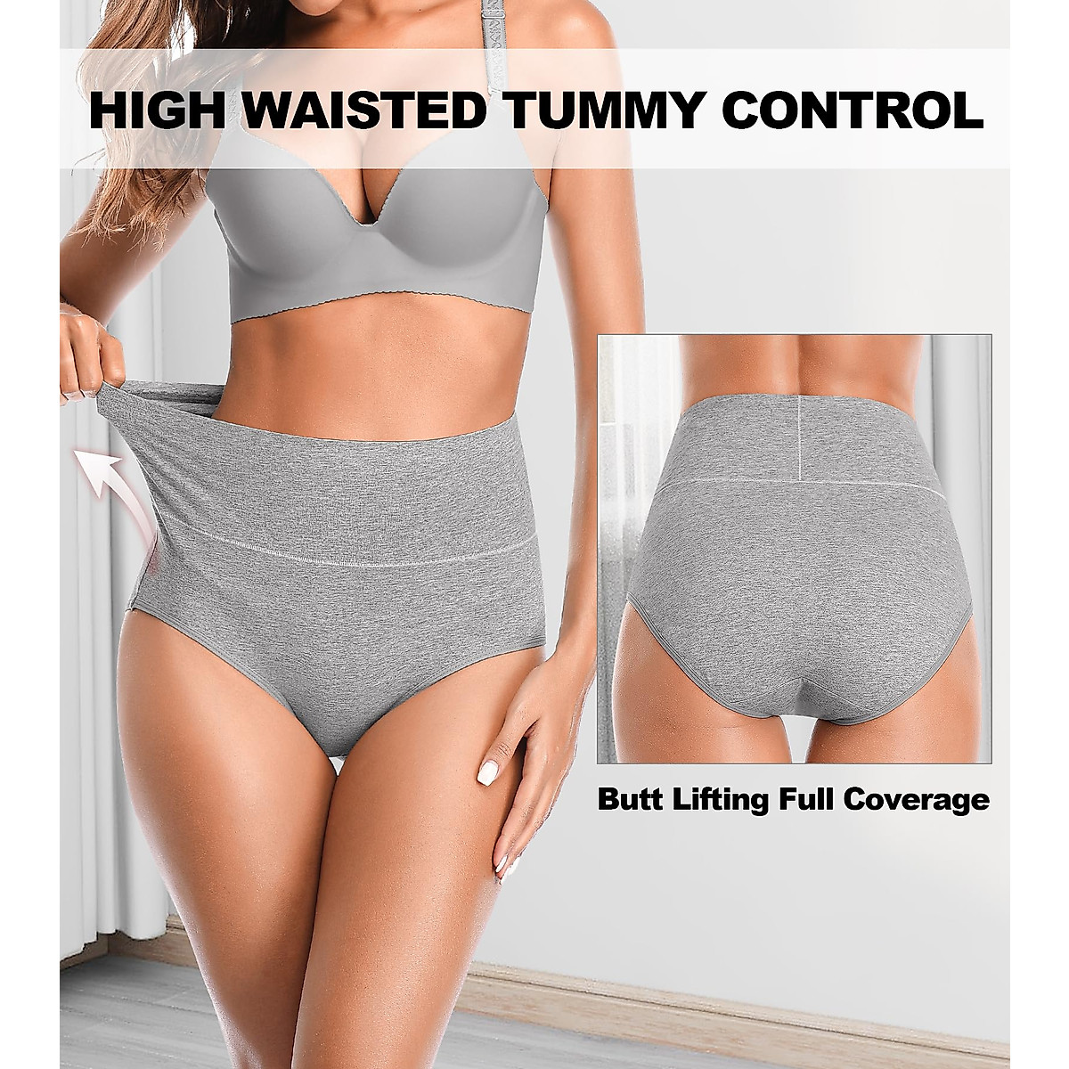 OLIKEME Women's High Waisted Underwear Tummy Control Underwear Postpartum Underwear Breathable Womens Underwear Soft Cotton Panties Full Coverage Briefs, 5-pack Size L