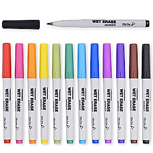 TWOHANDS Wet Erase Markers Ultra Fine Tip,0.7mm,Low Odor,Extra Fine Point,12 Assorted Colors,Whiteboard Markers for kids,School,Office,Home,or Planning Dry Erase Board,20703