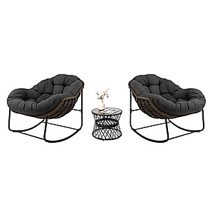 Hubhalsun Deluxe Patio Rocking Chair with Padded Cushion, Oversized Rattan Egg Rocking Chair, Indoor & Outdoor, Rocker Recliner Chair for Front Porch, Garden, Patio, Backyard (61611815-sets3-B)