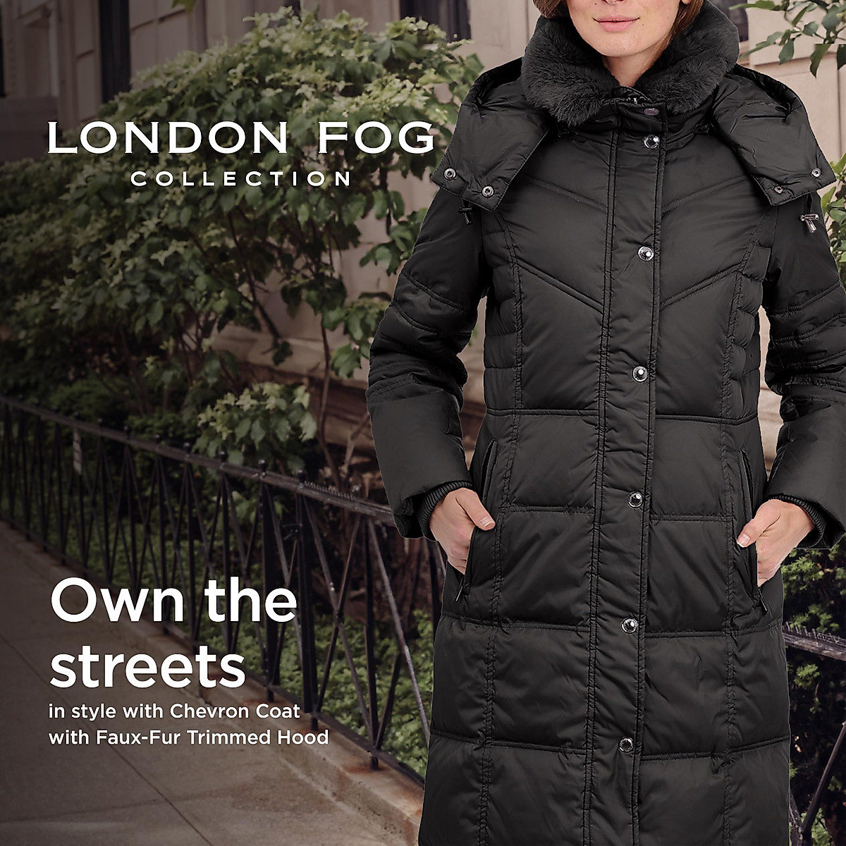 LONDON FOG Women's Chevron Coat with Faux Fur Trimmed Hood, Black, Medium