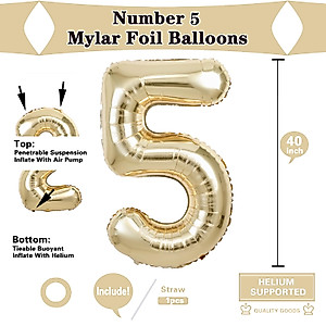 40 inch Huge white gold Number 5 Alphabet Number Balloon Foil Mylar Party Wedding Bachelorette 5th Birthday Bridal Shower Graduation Anniversary 5 Year Old Birthday party for Kids Celebration Decors