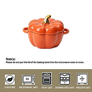 FYUEROPA Pumpkin Bowl Set with Lid and Handle, 14 Oz Ceramic Ramekins for Baking, Casserole Dish Individual Severing Pot, Stoneware, Oven Safe, Set of 2 (Orange)