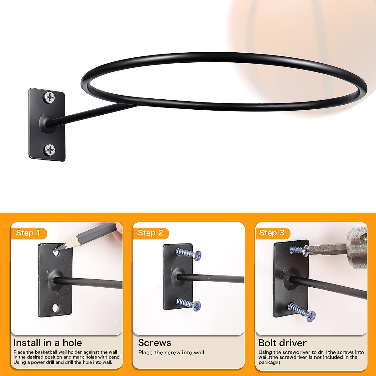 Threan 6 Pieces Mounted Ball Wall Storage Display Ball Storage Universal Ball Rack Metal Ball Holder Black Ball Rack Holder for Basketball Football Volleyball Soccer Storage Display