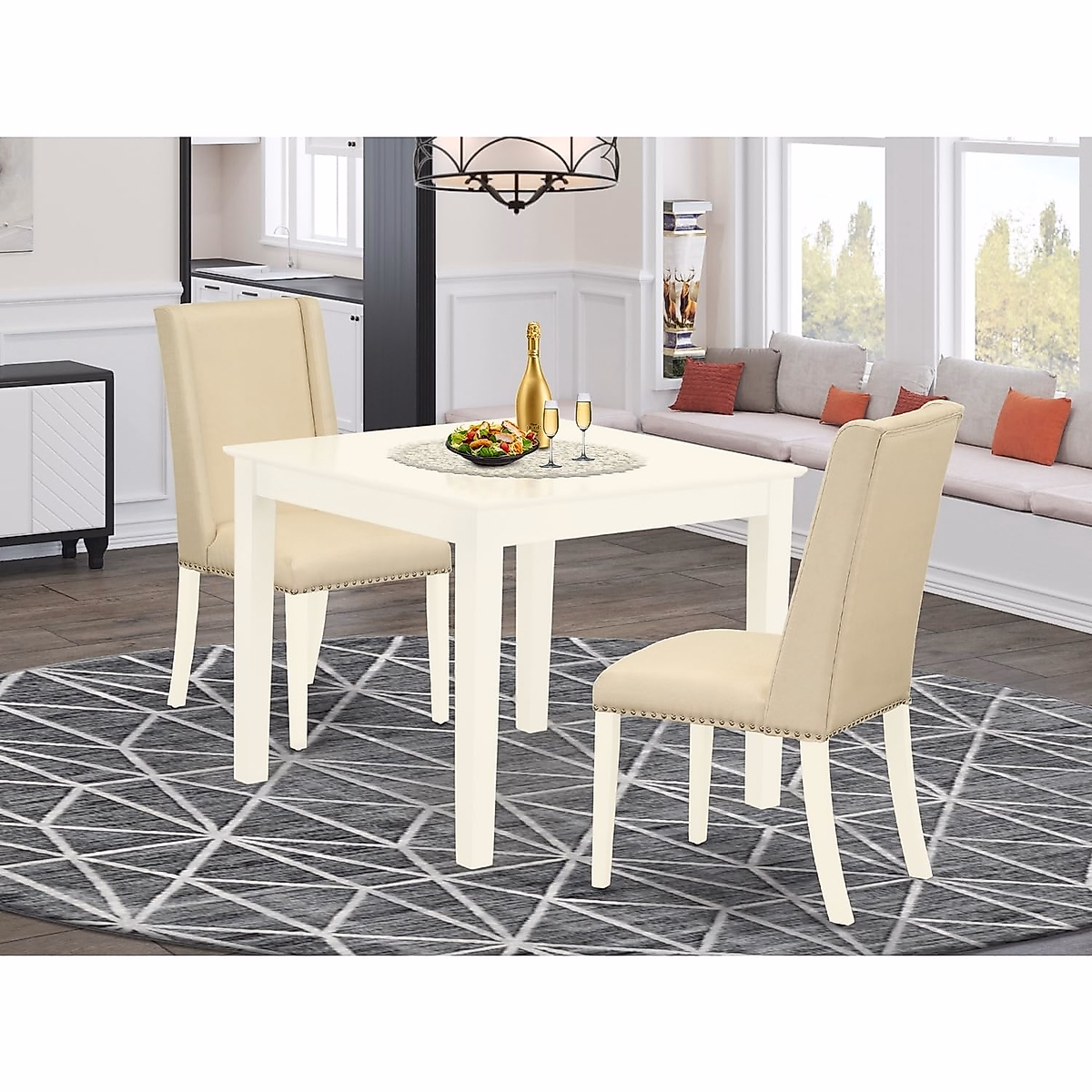 HomeStock Classic Charm 3-Pc Kitchen Dinette Set Included A Rectangular Dining Table & 2 Kitchen Parson Chairs, Cream Linen Fabric Kitchen Chairs Seat with Rubber Wood Legs, Linen White Finish