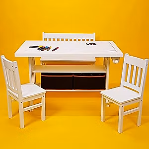 MEEDEN Kids Drafting Table&Chair Set,White Art Play Table,Wood Activity Table with 1 Bench & 2 Chairs,2 Storage Baskets,1 Paper roll for Children Arts&Crafts,Snack Time,Homeschooling,Homework