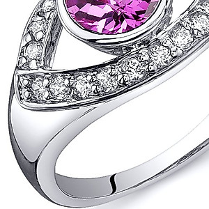 PEORA Created Pink Sapphire Ring in Sterling Silver, Enlightened Third Eye Design, 1 Carat Total Round Shape, 6mm, Size 6