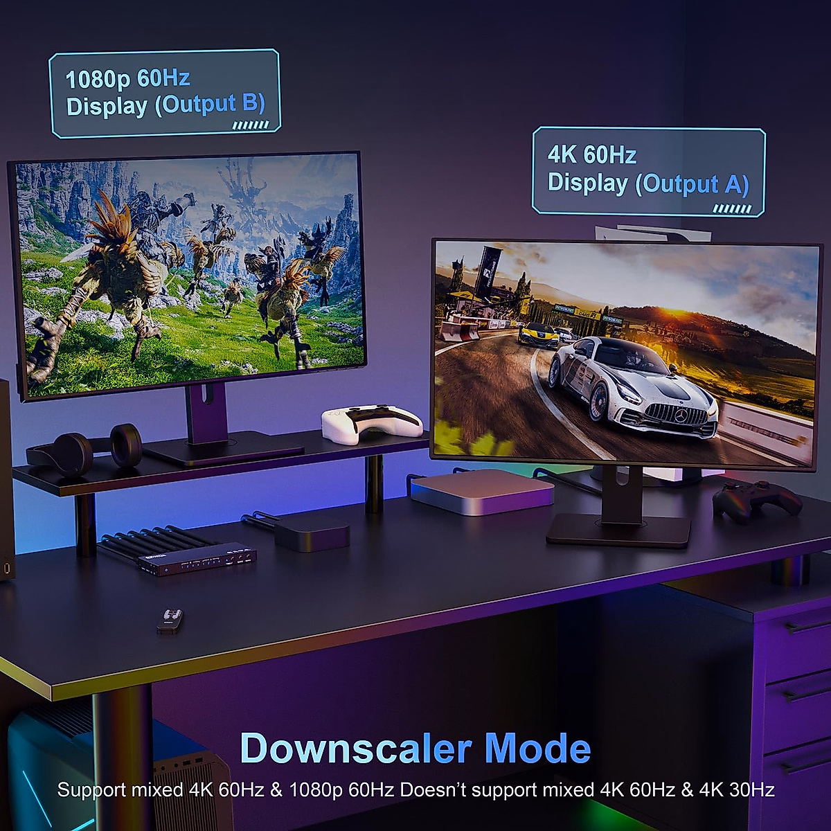 4K 60Hz HDMI Matrix 4x2, PORTTA 4 in 2 Out Switch Splitter with Toslink 3.5mm Audio Extractor, ARC, 16 EDID Modes, 4K Downscale, and IR Remote Support HDMI 2.0b HDCP 2.3/2.2 HDR 3D