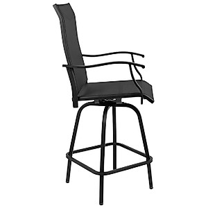 Flash Furniture Valerie Patio Bar Height Stools Set of 2, All-Weather Textilene Swivel Patio Stools with High Back & Armrests in Black