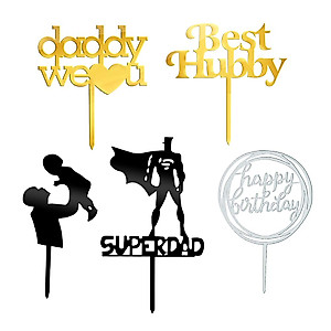 Super Dad Happy Birthday Cake Topper For Men Best Dad Birthday Decorations Happy 40th 50th 60th 70th Birthday Cake Topper Cup Cake Toppers For Men Husband Happy Father's Day Cake Toppers Pack Of 5 PCS