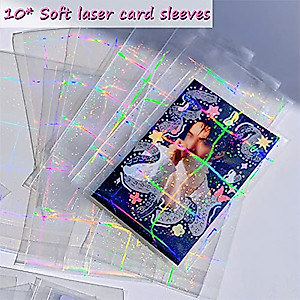 toovro 52 PCS Photo Card Holders for Kpop DIY Suit Penny Sleeves 10 Card Protectors Hard Plastic Holographic Sleeves with Chains 22 Korean Stickers Ribbon Heart Letter Charm Rose Devil Horn Stickers