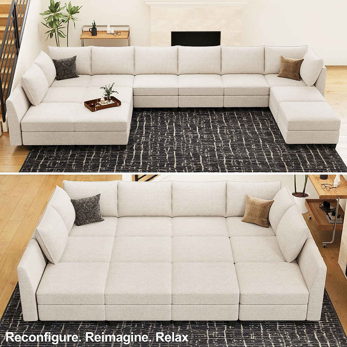 Uteeran Oversized Modular Sectional Sofa Chenille Sleeper Couch with Storage Sectional Sofa Bed for Living Room, 12 Seats, Beige