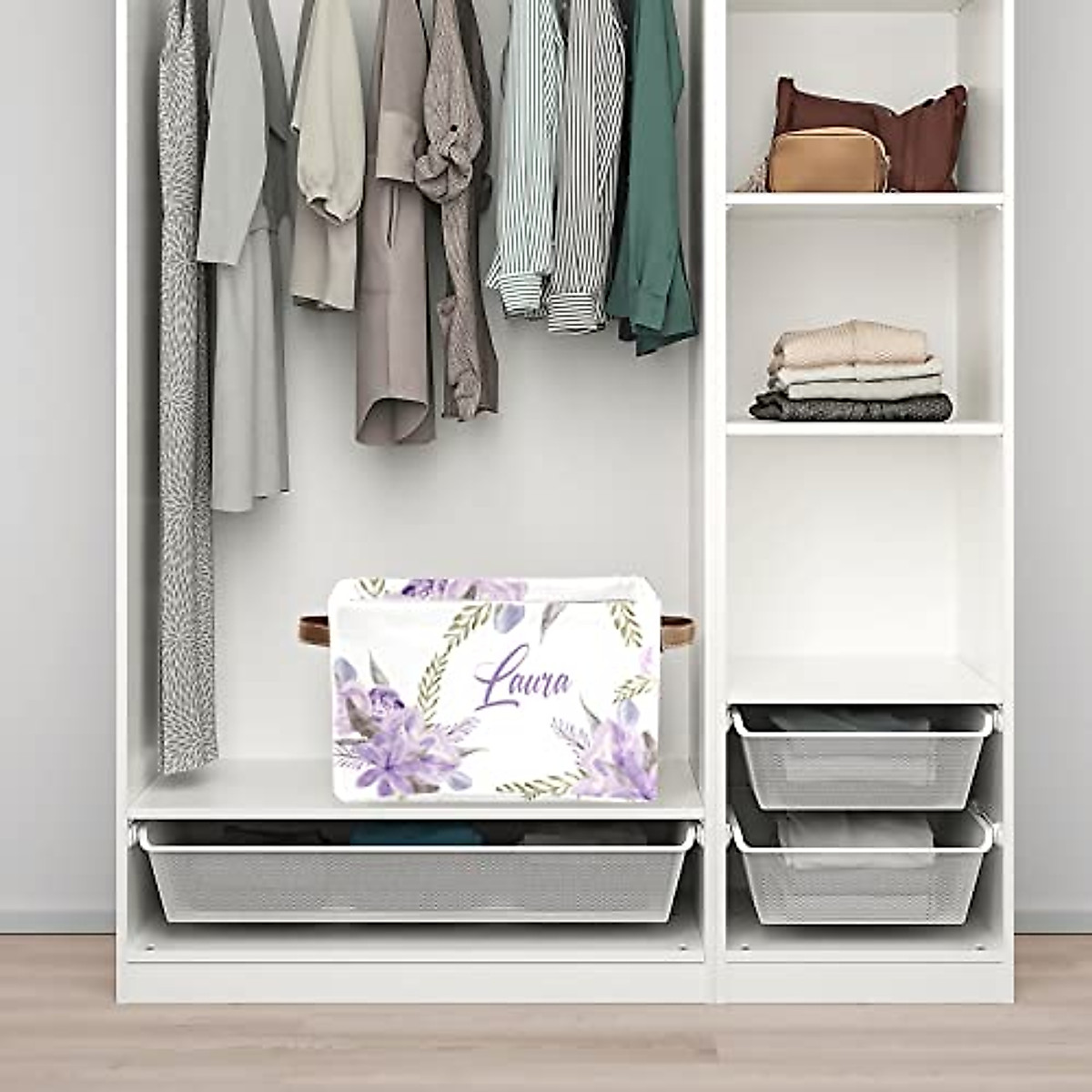 Purple Flower Personalized Custom Name Waterproof Storage Boxs Baskets Clothts Towel Book for Bathroom Office 1 Pack